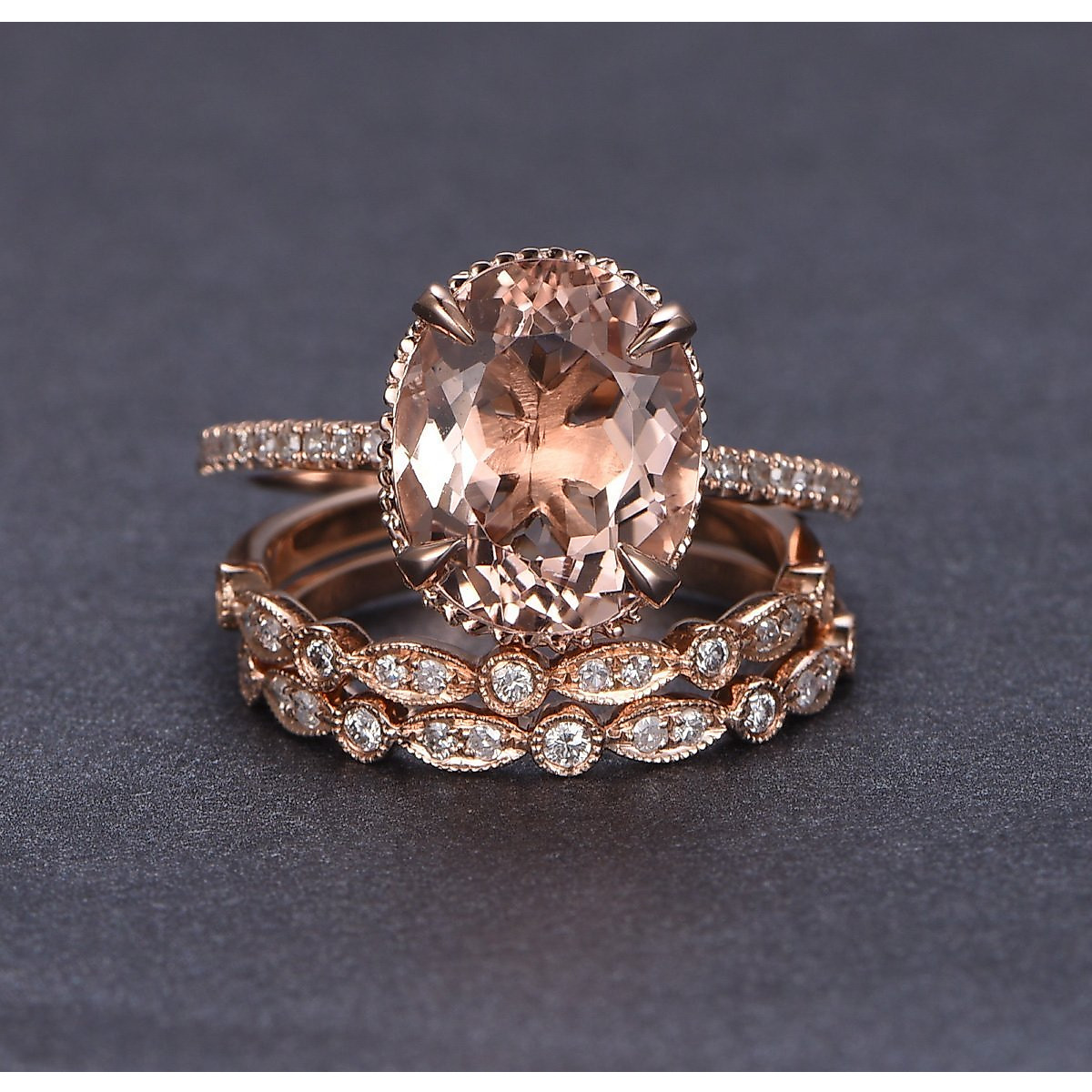 Oval Morganite Engagement Ring Trio Bridal Set Milgrain Under Gallery 14K Rose Gold Art Deco 10x12mm