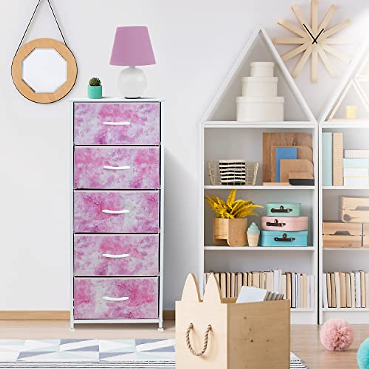 Sorbus Fabric Dresser for Kids Bedroom - Chest of 5 Drawers, Tall Storage Tower, Clothing Organizer, for Closet, for Playroom, for Nursery, Steel Frame, Fabric Bins - Wood Handle (Tie-dye Pink)