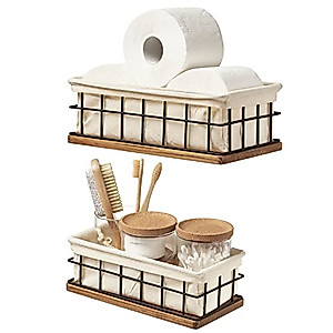 BAOBAB WORKSHOP Bundle - 2 Items: Wood and Wire Baskets with Floating Shelves for Bathroom Decor, Toilet Paper Storage, Living Room Bedroom and Kitchen