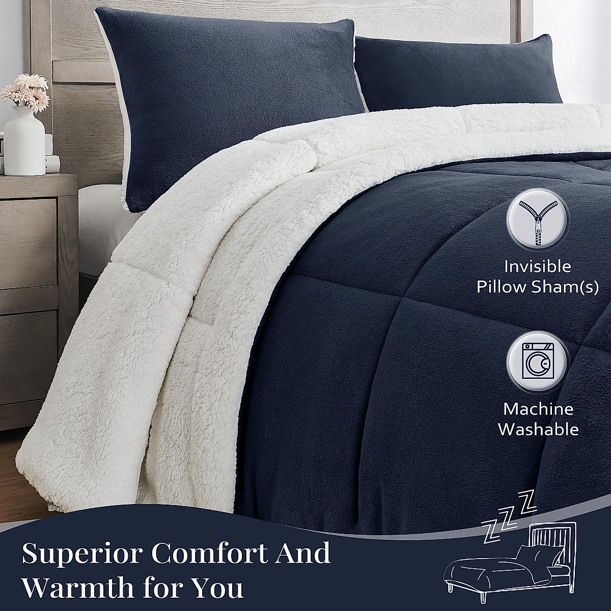 Basic Beyond Twin Comforter Set - Micromink Fleece Sherpa Comforter for Twin Bed, Soft and Warm Twin Bedding Comforter Set for Girls and Boys in Winter, Navy, 64"x88"
