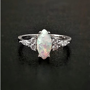 Genuine Marquise Ethiopian Opal Ring-Opal Cubic Zirconia Ring-October Birthstone Ring-925 Sterling Silver Engagement Ring-Opal Wedding Ring (7.25)