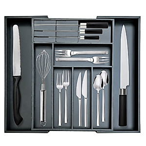 ZHOMA Bamboo Expandable Kitchen Drawer Organizer for Utensils Holder - Silverware Organizer/Utensil Holder and Cutlery Tray with Grooved Drawer Dividers - Black