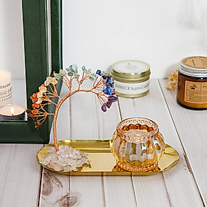 ZenBless Gold Votive Candle Holders,7 Chakra Healing Crystal Tree for Centerpiece Table Decorations, Ribbed Glass Tea Light Candle Holder Set with LED Candle for Home Decor Meditation Accessories