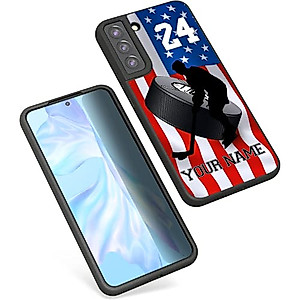 Personalized Ice Hockey Player Name Number America Flag Design Rubber Cover Phone Case for Samsung S23 S22 S21 S20 ULTRA/ S21 FE/S20 FE/S10 PLUS/S9 PLUS/S8 PLUS/S7 EDGE Custom Hockey Phone Case