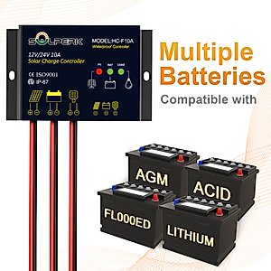 SOLPERK 10A Solar Charge Controller Waterproof Solar Panel Controller 12V/24V PWM Solar Panel Battery Intelligent Regulator for RV Boat car ，with LED Display