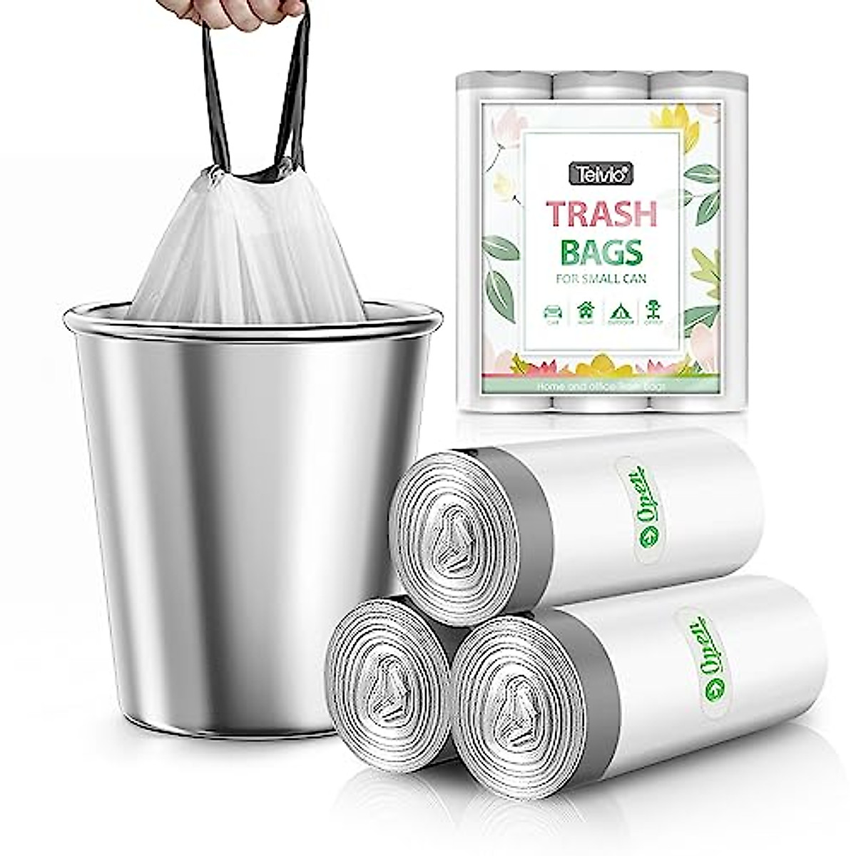 4 Gallon 60 Counts Strong DrawstringTrash Bags Garbage Bags by Teivio, Bathroom Trash Can Bin Liners, Small Plastic Bags for home office kitchen, White