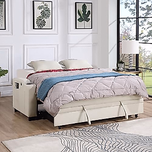 ERYE 3 in 1 Queen Size Upholstered Loveseat Sofabed Modern Functional Convertible Sleeper Sofa Bed with Pull Out Sleep Couch Daybed, Cupholders, USB Charging Ports,4 Pillows for Living Room