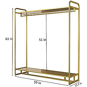 HOMEKAYT Gold Clothing Rack Modern Boutique Display Rack with 2-tier Shelf Full Metal Garment Rack Multiple Uses Hanging Rack for Home and Retail (59’’L)