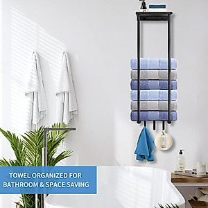 HOTNIU Towel Racks for Small Bathroom Wall Mounted, Vertical Towel Storage with Metal Shelf and 3 Hooks, Bath Towel Rack for Rolled Towels, Black Towel Holder for Large Bath Sheets Towels