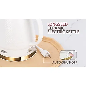 LONGSEED Ceramic Electric Kettle with Fine Mesh Infuser, 1.2L/1000W Boil Water Quickly and Easily with Boil-Dry Protection Auto Shut Off, Detachable Swivel Base, Glazed Relief Carving
