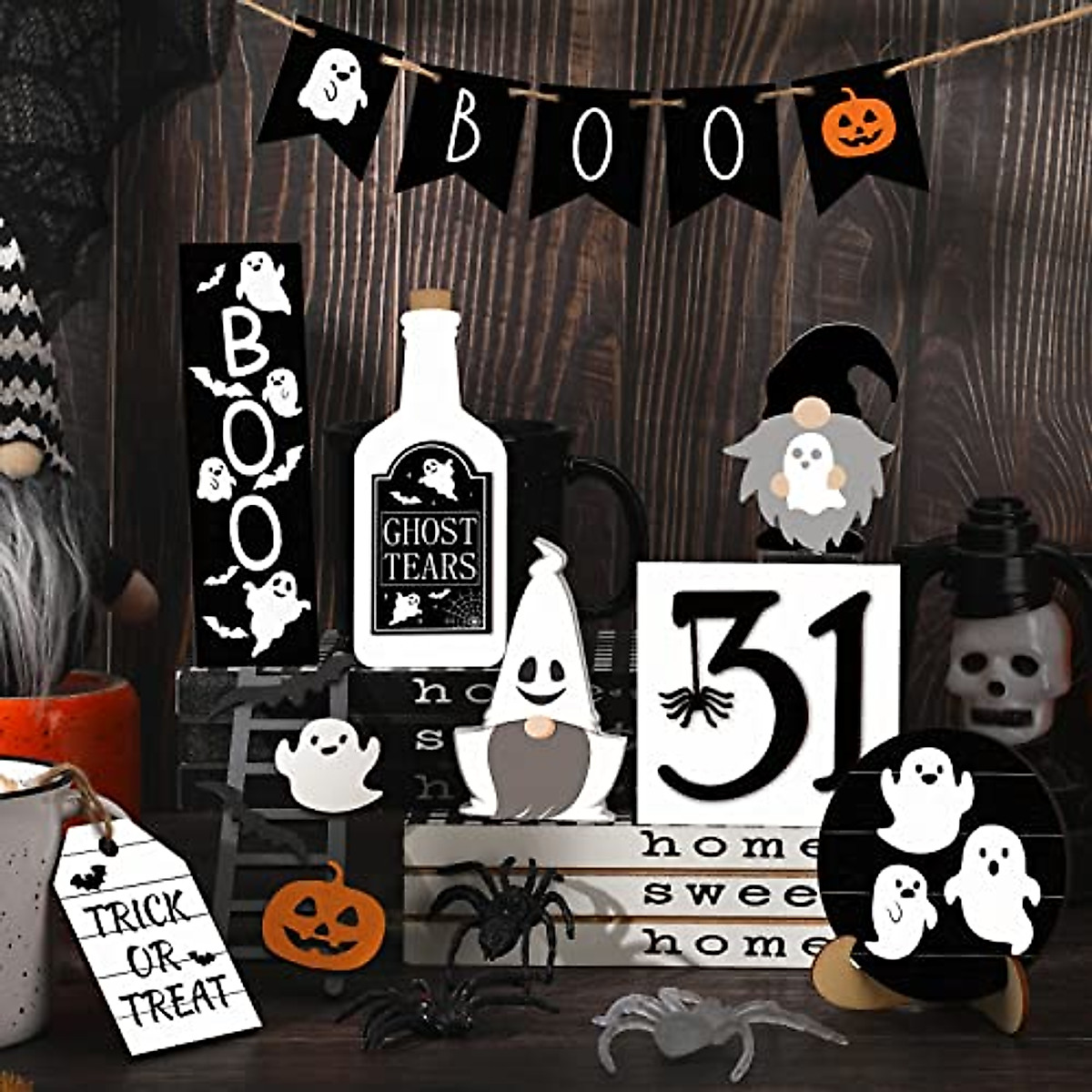 Halloween Tiered Tray Decoration Set Halloween Farmhouse Decor Boo Happy Halloween Wooden Signs Farmhouse Rustic Tiered Tray Decor Items for Home Table Houseroom(Ghost Style, 12 Pcs)