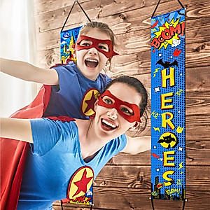 Hero Decorations Hero Backdrop Hero Porch Sign Banners Welcome Hanging Hero Decoration for Super Fun Hero Party Wall Decoration Door Action Door Sign (Blue Hero)