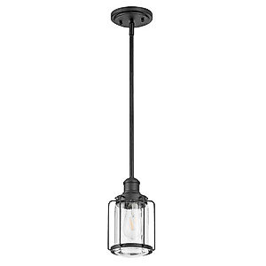 Prominence Home Lincoln Woods 1 Light Matte Black Industrial Pendant Light with Cage and Clear Glass