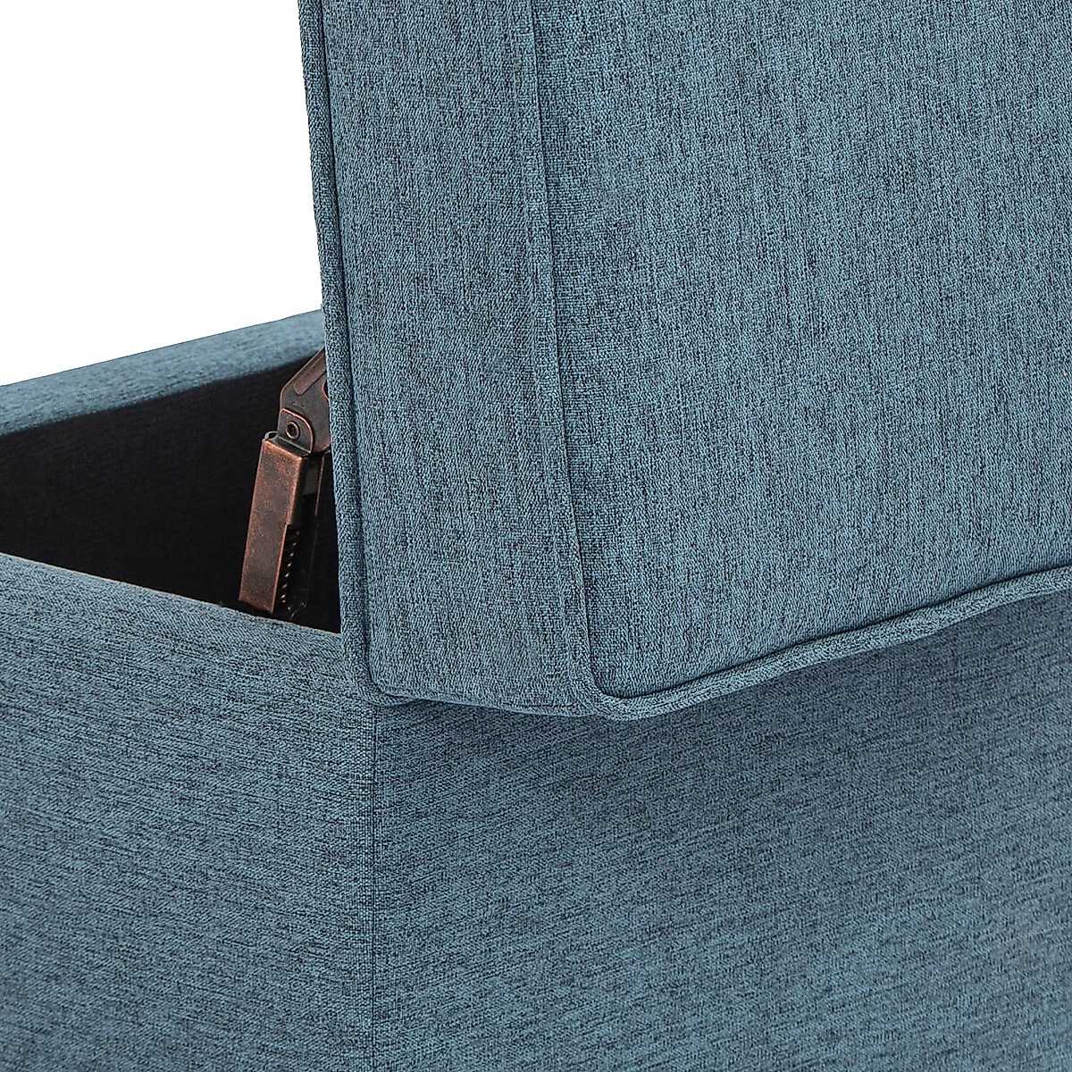 Adeco 17" Square Ottoman with Storage- Small Storage Ottoman Foot Rest with Hinged Lid- Blue Faux Linen Fabric Upholstered Footstool with Sturdy Wood Legs