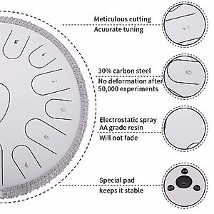 Steel Tongue Drum 15 Notes 14 Inches Percussion Instrument Handpan Drum,Tongue Drum for Adults and Teens with Bag, Music Book, Mallets, Finger Picks (white)