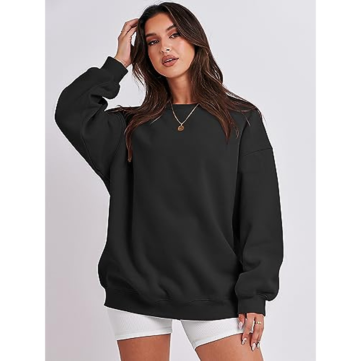 Caracilia Womens Oversized Sweatshirts Cute Pullover Long Sleeve Dressy Casual Top Comfy Hoodie Fall Winter Lightweight Round Neck Fleece Loose Fit Sweatshirt Y2K Clothes A1019heise-L Black