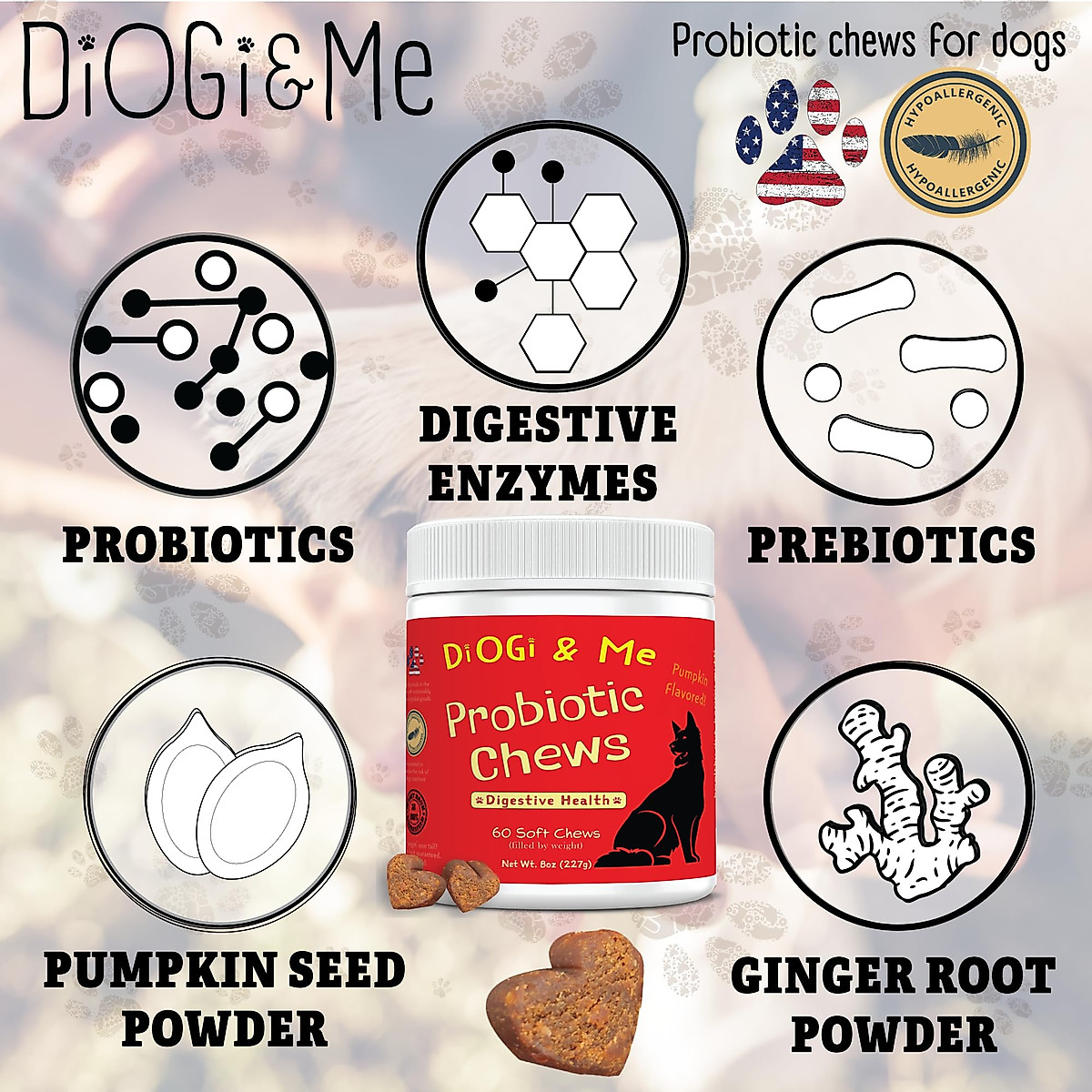 DiOGi and Me Probiotics for Dogs - Digestive Enzymes for Gut Flora, Caprophagia, Diarrhea & Bowel Support - Clinically Studied DE111 - Dog Supplement Soft Chew for Pet Immune System
