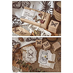 Tvoip 16 Pcs Wooden Rubber Stamp Set, Vintage Butterfly Scrapbooking Stamps Junk Journal DIY Craft Wooden Rubber Stamps Set for Scrapbook Album Diary Seal Stamps
