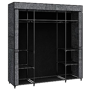 Hzuaneri Closet Wardrobe, 64.5-inch Portable Closet for Bedroom, 3 Clothes Rail Clothes Rail with Fabric Cover, Clothes Storage Organizer, 64.5 x 17.3 x 70 Inches, 9 Compartments, Black WO0203BC