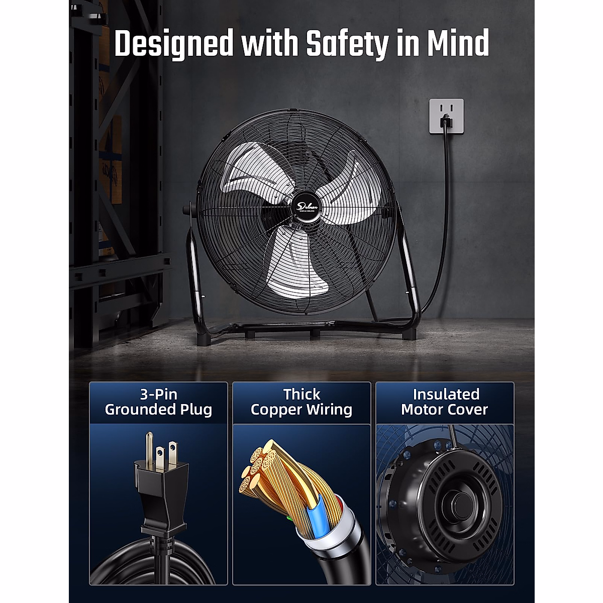 Simple Deluxe 20 Inch 3-Speed High Velocity Heavy Duty Metal Industrial Floor Fans , Black, 20"