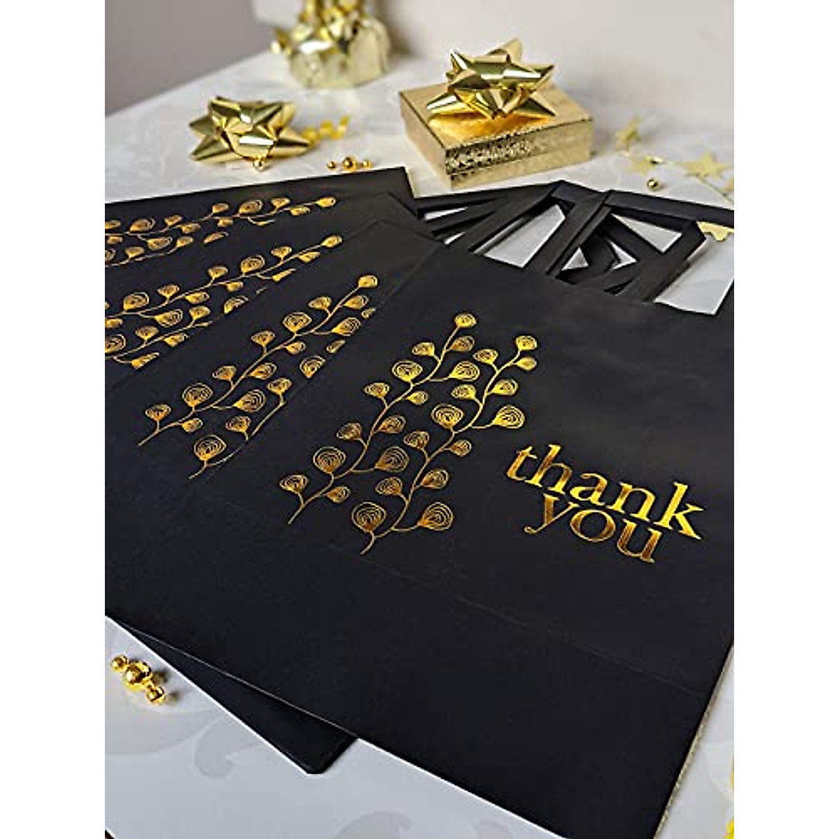 Thank You Bags Bulk with Flat Handles Pack of 50, Black Kraft Paper Bags with Gold Foil Stamp Image Medium Size 10x 4.75 x 8 Inches