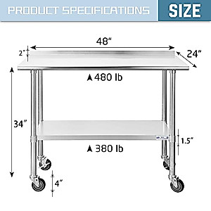 Hally Stainless Steel Table for Prep & Work 24 x 48 Inches with Caster Wheels, NSF Commercial Heavy Duty Table with Undershelf and Backsplash for Restaurant, Home and Hotel