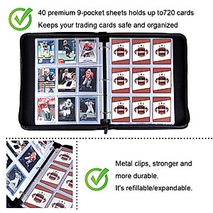 Football Cards Binder Holds Up to 720 Cards with 40 Sleeves, Famard Trading Card Binder with Wraparound Zipper and Convenient Carry Loop, 3-Ring Album for Card Collection Storage