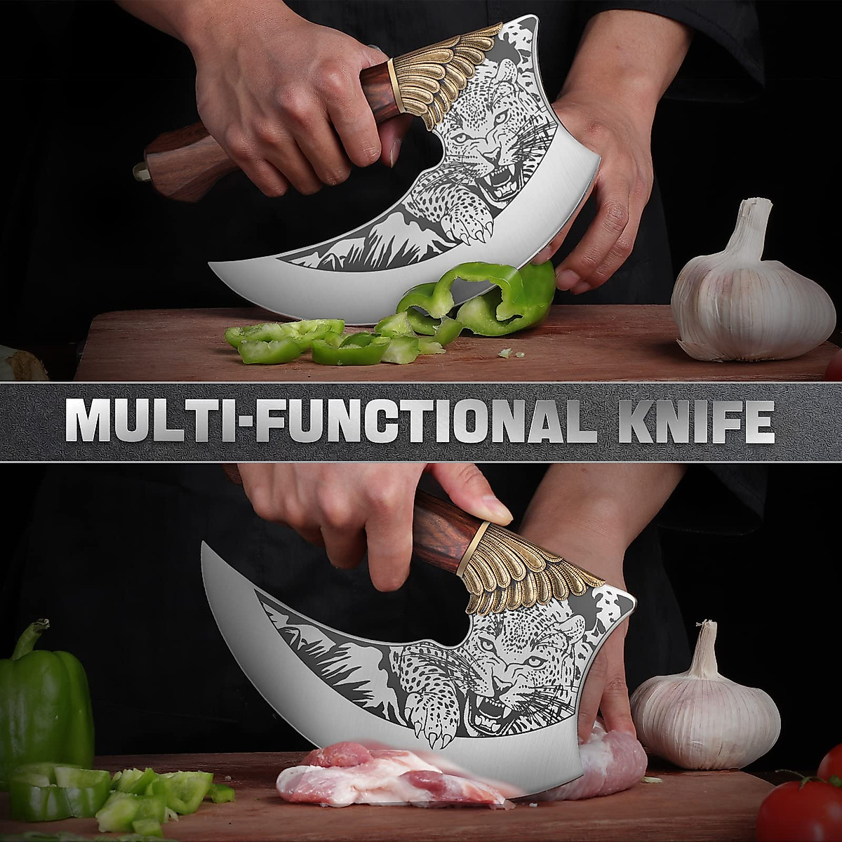 TIVOLI Ulu Knife 9-inch Pizza Cutter Axe, Viking Butcher Cleaver Knife, German 1.4116 Super Steel Rose Wooden Handle with Sheath & Box, Kitchen Knife Mincing Meat Vegetable Cleaver Rocking Knife