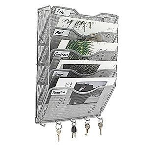 EasyPAG Wall Mount File Organizer with Key Hooks 5 Pocket Vertical Mesh Hanging Wall File Holder Magzine Paper Folders Rack for Office and Home,Silver
