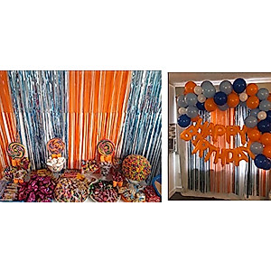 2 Pack Foil Metallic Fringe Curtains for Party Decorations Blue Orange Curtain Backdrop for 3 4 5 Years Old Boys Girls