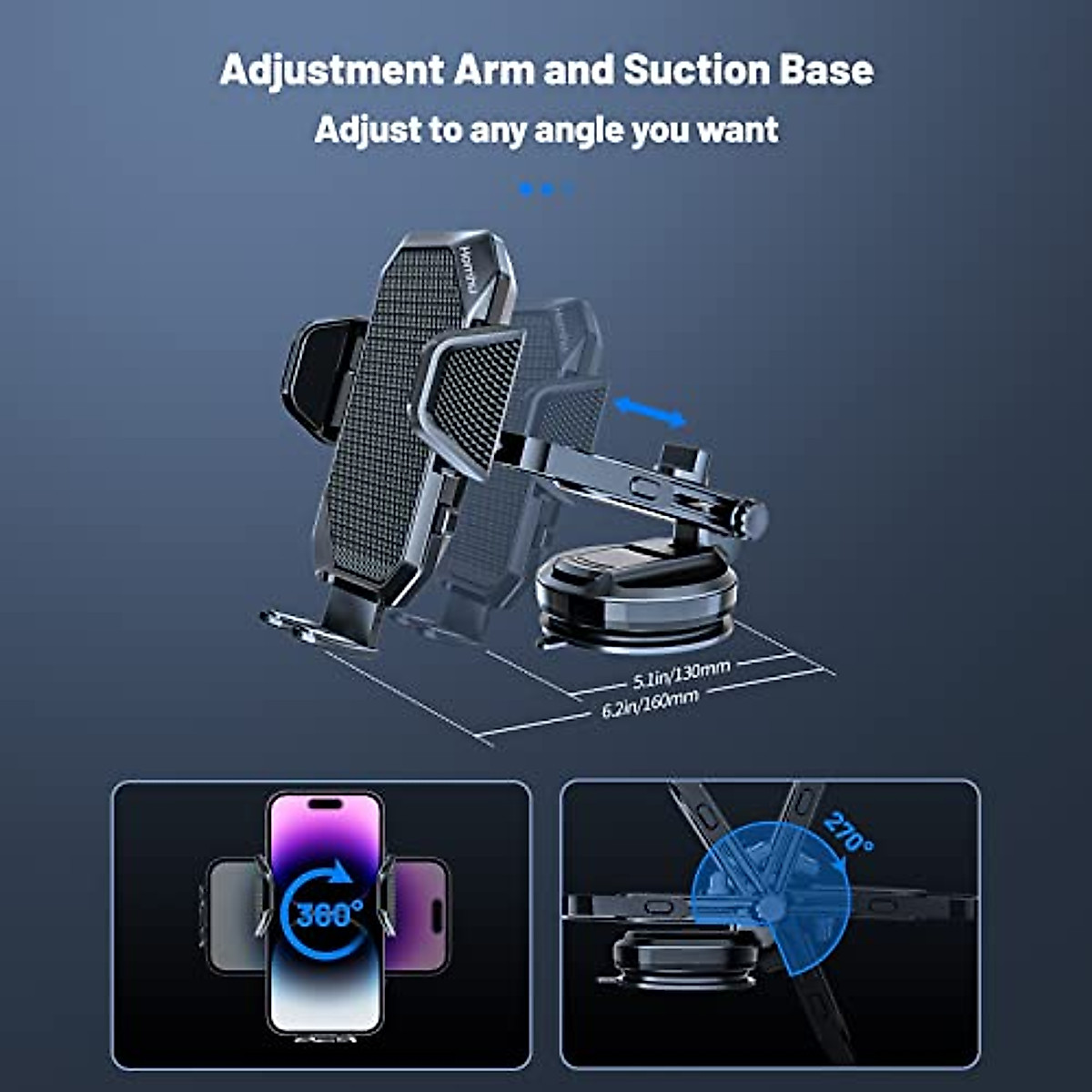 Homhu Phone Mount for Car [Off-Road Super Suction ] Universal Holder 4in1,Long Arm Cup Holder,Dashboard Windshield Vent Compatible with iPhone Samsung All Smartphones, Black, (HZ001)