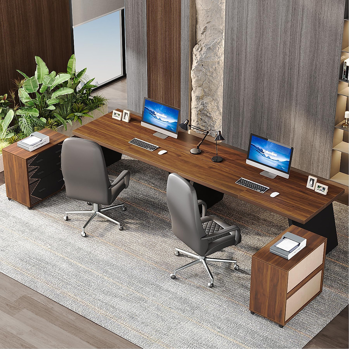 Tribesigns L-Shaped Executive Desk, 62" Large Home Office Computer Desk with 2 Storage Drawers and Letter Size File Cabinet, Workstation Business Furniture Set (Oak & Black)