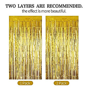 PCA 4 Pack Gold Fringe Tinsel Curtain Party Backdrop, Royal Theme Party Decor Streamers, Door Decorations, Glitter Streamer Backdrop for Halloween, Birthday