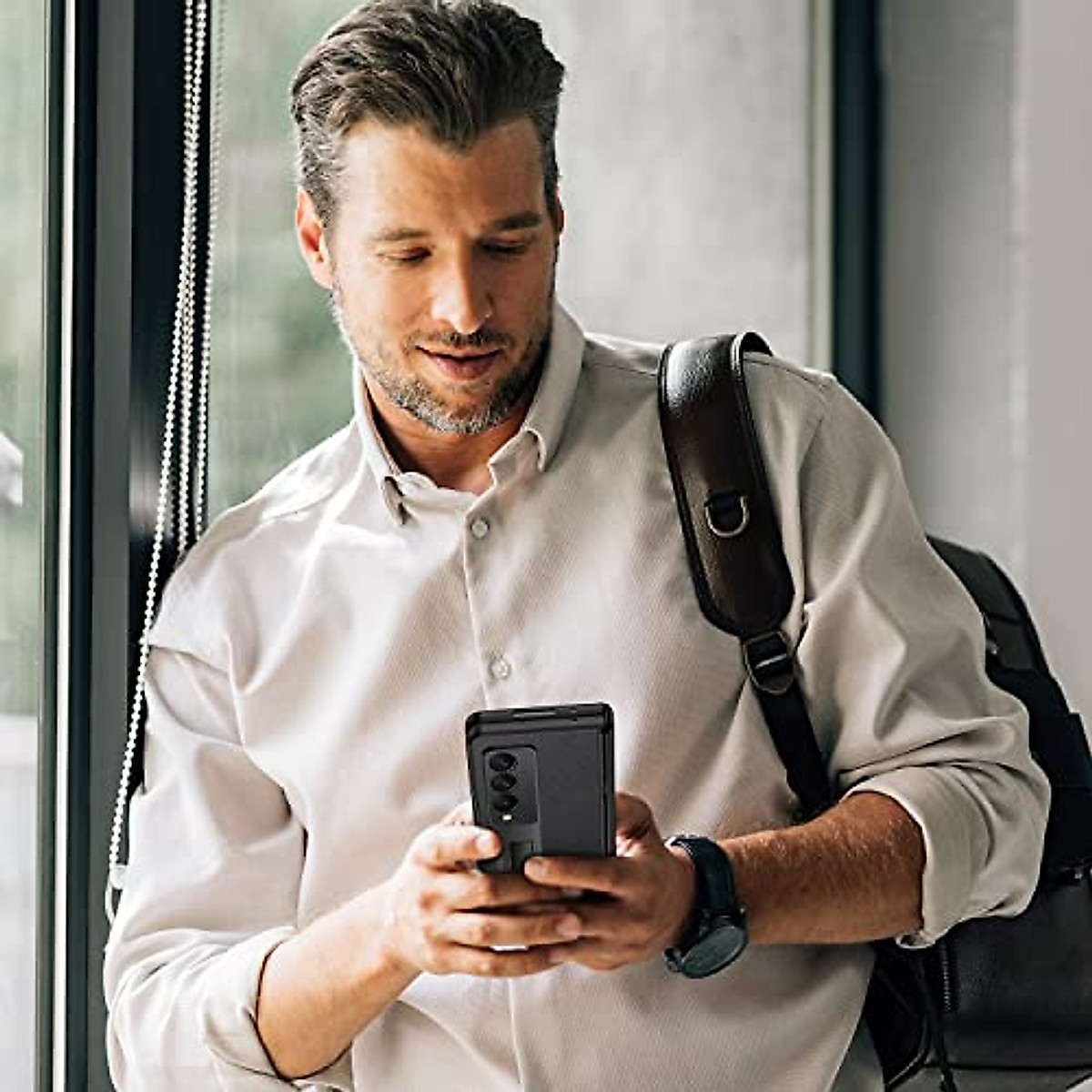 spoovcto for Samsung Galaxy Z-Fold-4 Case: Spring Hinge Protection & Kickstand Dual Layer Protective with Built-in Screen Protetctor Phone Case for Galaxy Z Fold 4 5G 2022 (Lychee Pattern-Black)