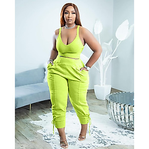 Doweha Sexy Two Piece Outfits for Women Summer Joggers Crop Tank top Sweatsuits Biker Short Set Matching Sets Workout Tracksuit Jumpsuit Neon Green XL