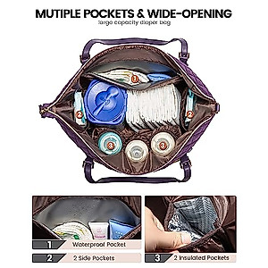 LOVEVOOK Diaper Bag Tote, Large Travel Baby Diaper Bag with Pacifier Holder and Changing Pad, Quilted Diaper Tote for Baby, Waterproof Mommy Bag for Hospital, Stylish & Multifunction, Purple