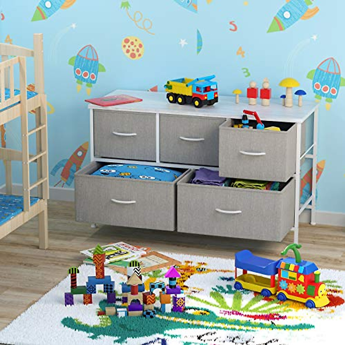 ALLZONE Dresser for Bedroom,Storage Chest Organizer, 5 Fabric Drawers Furniture for Closet, Kids Toy Organization,Wooden Table with Metal Frame, White/Gray