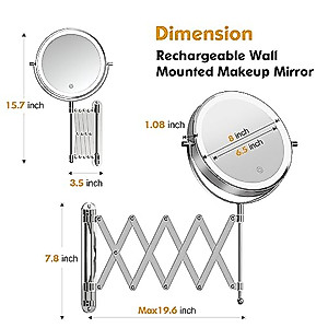 Rechargeable Wall Mounted Makeup Mirror - 8 Inch Double Sided 1X/10X Magnifying Mirror with 3 Color Lights Dimmable Touch Screen, 360°Swivel 19.6 Inch Extendable Mesh Bathroom Mirror - Chrome