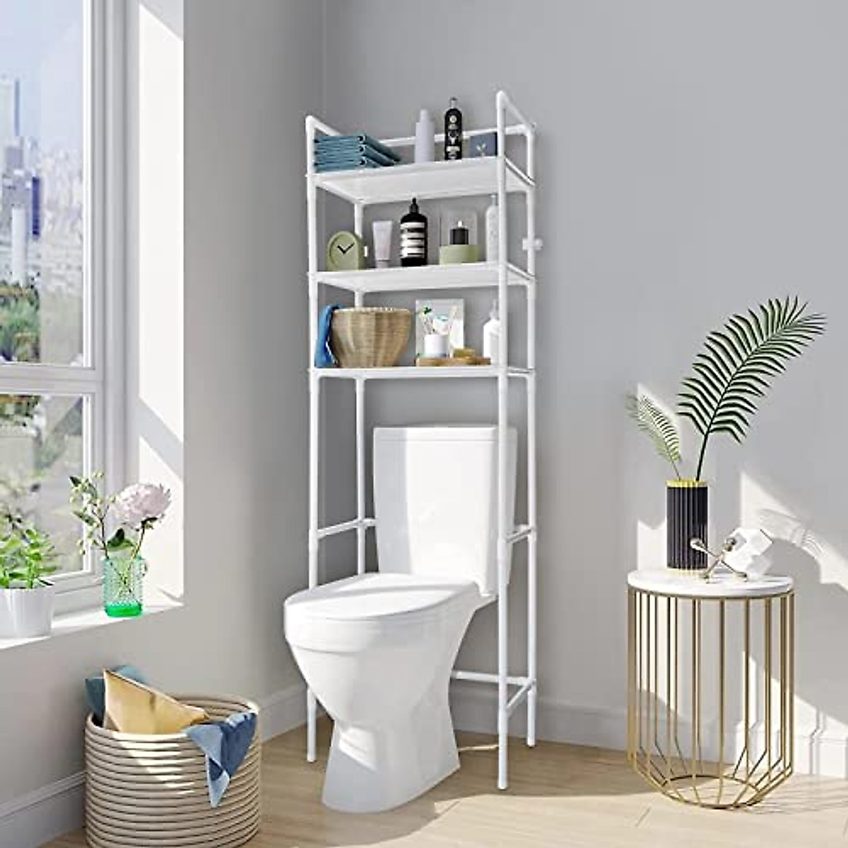 SEMOFO Over The Toilet Storage Organizer,3-Tier Bathroom Storage Shelves Rack with Metal Frame Above Toilet Bathroom Storage Rack Shelf Free Standing Bathroom Organizer