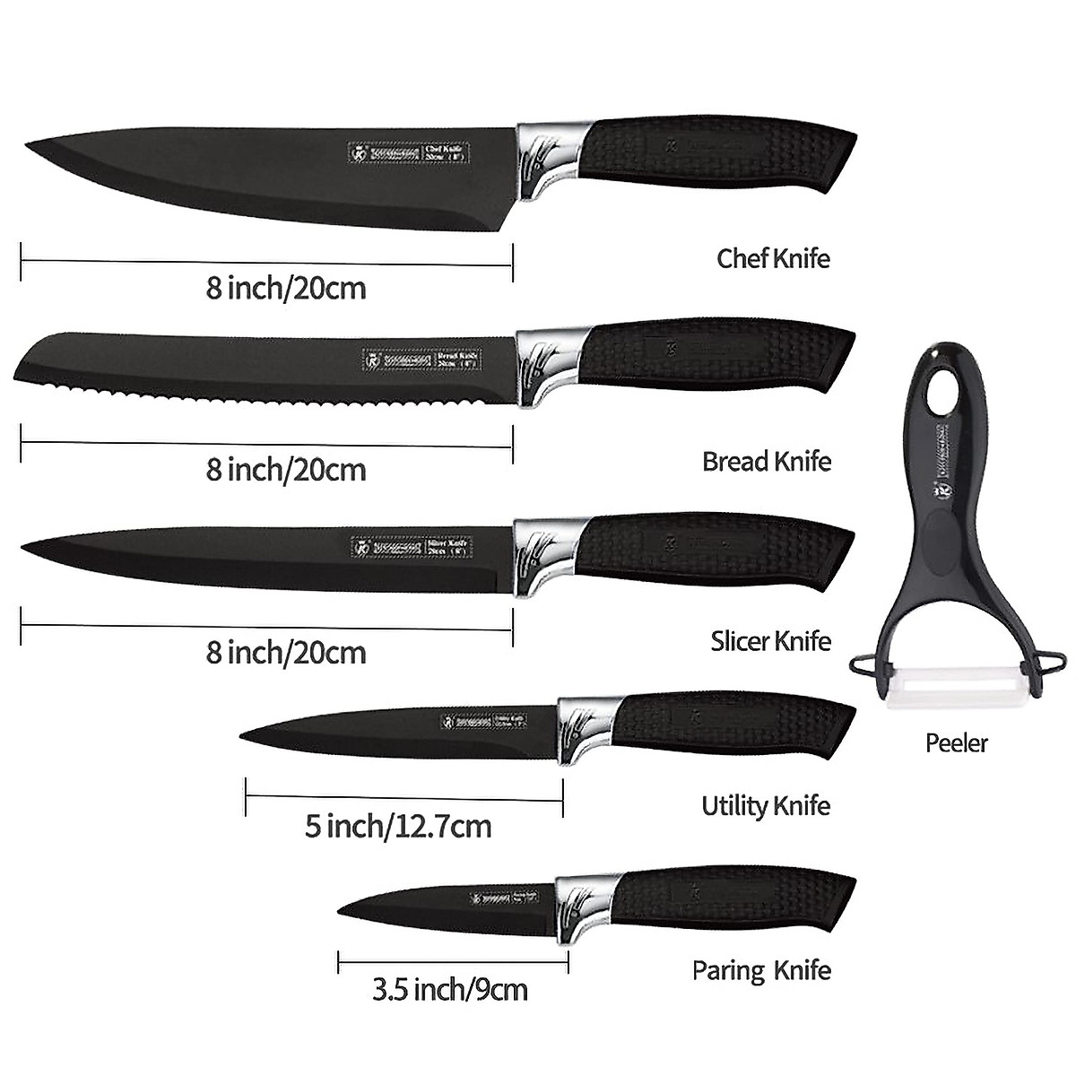 Ceramic Knife Set, Black Coated Knives Set, 6 pieces Stainless Steel Knife Set, BO Oxidation, No Rust, Sharp Black Knife Set with Gift Box for Cooking Cutting and Paring