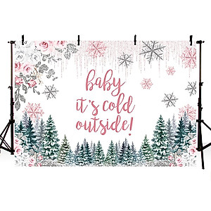 MEHOFOND 7x5ft Winter Baby Shower Backdrop for Girls Baby It's Cold Outside Pink Floral Photography Background Little Snowflake Pine Tree Oh Baby Party Banner Decorations Photo Booth Props