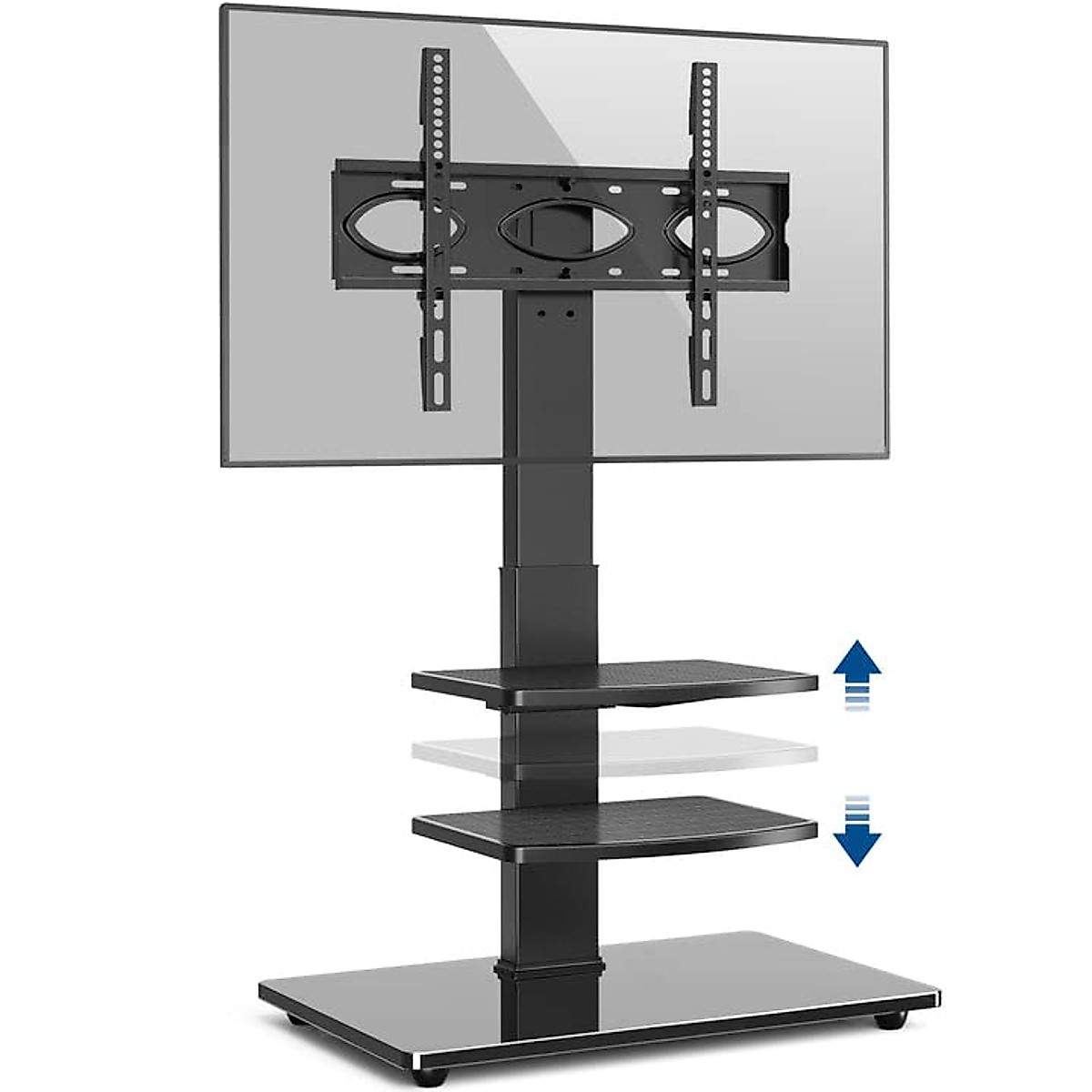 Rfiver Swivel Floor TV Stand with VESA Mount for 32 39 40 43 49 50 55 60 65 70 Inch Flat Screens/Curved TVs, 3-Shelf Tall Narrow TV Stand with Tempered Glass Base, Black Height Adjustable Mount Stand