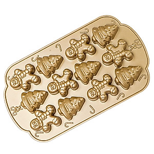 Wehome Gingerbread Cake Pan Cakelet Pan，Non-stick Cast Aluminum Muffin Pan，12-Cavity Snowman and Christmas Tree Gingerbread Baking Pan，Heavy-gauge Bakeware Pan