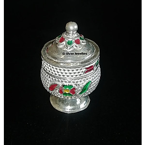 shree jewellers SJ Pure Silver Designer Meenakari Sindoor Dabbi with Lid, Pooja Items for Home, KumKum Round Box Spiritual Gift Item ~ Small Size 3.5 x 2.4 cm
