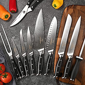 Damascus Knife Set with Block for Kitchen, VG10 Steel and Triple Rivet Handle, Included Serrated Steak Knife Set of 6, Meat Fork, Chef Knife Set, Knife Sharpener,Kitchen Scissor, Knife Block