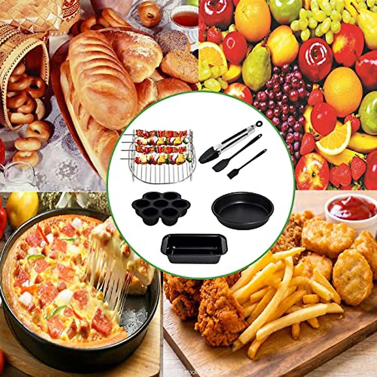 Air Fryer Skewer Rack Compatible with Philips Cosori Ninja Air Fryer 3.5-4.2L, 9Pcs Air Fryer Accessory Including Rack, Pizza Pan, Cake and Egg Mold, Food Grade 304 Stainless Steel Air Fryer Rack