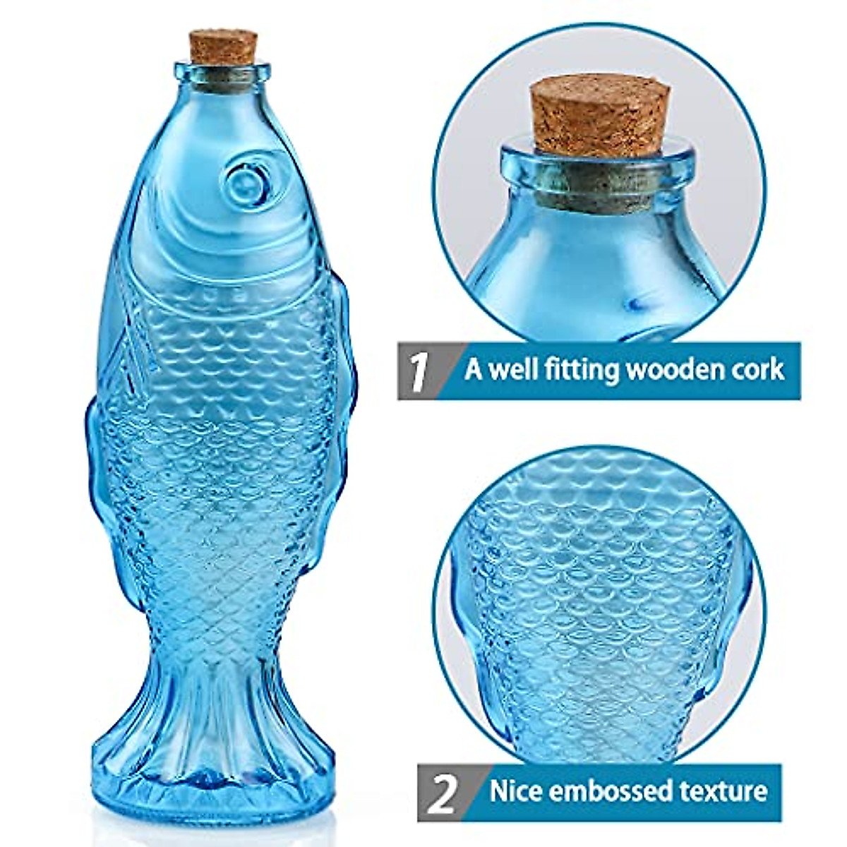 MDLUU 3-Pack Fish Shaped Glass Bottles, Decorative Bottles with Cork Stopper, Fish Decanters for Gift, Bar, Home Decor, Capacity 500ml/17.5oz (Blue)