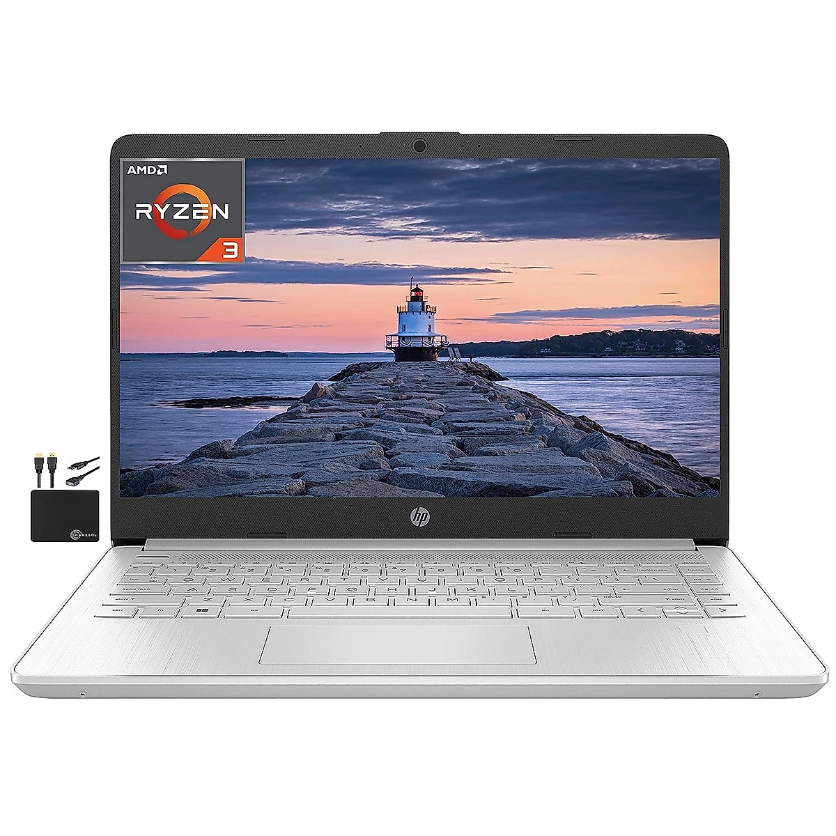 HP 2022 Newest 14'' HD Laptop Computer, AMD Ryzen 3 3250U (Upto 3.5GHz, Beat i5-7200U), 8GB RAM, 256GB SSD, HD Webcam, WiFi, Bluetooth, HDMI, USB-A&C, 10+ Hours Battery, Win 11+Marxsolcables
