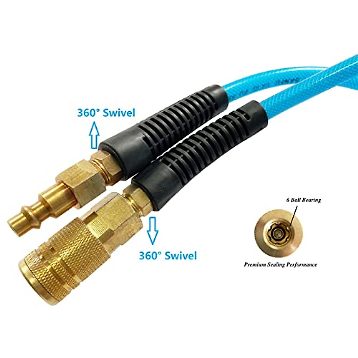 SANFU Polyurethane(PU) Reinforced 1/4”ID(6.3 x 9.8mm) x 100ft, Air Hose With 1/4” Swivel MNPT Solid Brass Quick Coupler and Plug, Transparent Blue(100’)