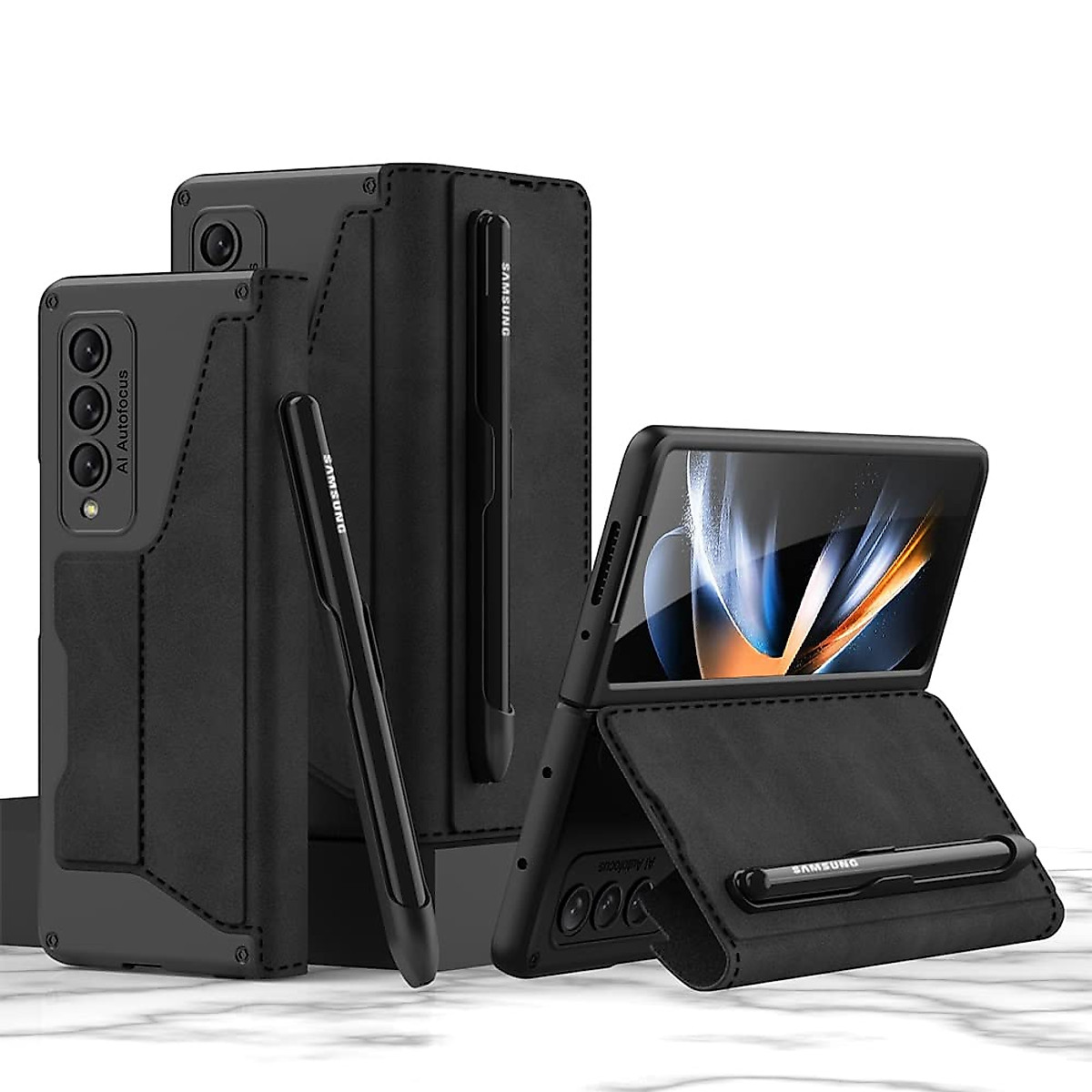 FYTON Galaxy Z Fold 4 Case with S Pen Holder (Removable), Z Fold 4 Case with Hinge Protection, Leather Case with Kickstand Function for Samsung Galaxy Z Fold 4 5G 2022, Black, Cloud Black